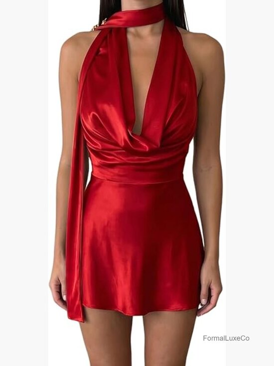 Dresses | Satin Deep V Neck Halter Dress Draped Open Back Party Club ...